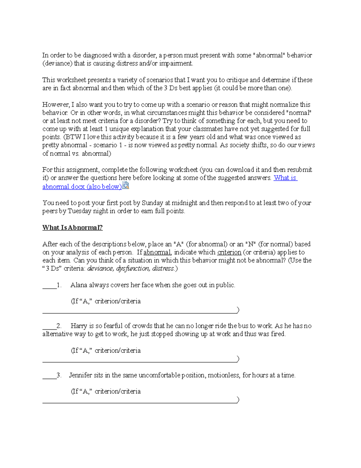 Abnormal vs. Normal Worksheet (Psychology 101) - Studocu