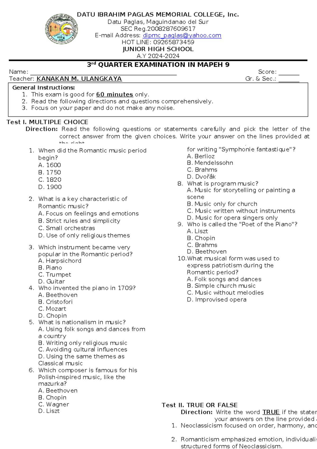 Mapeh 9 (40 copies) 3rd Quarter - DATU IBRAHIM PAGLAS MEMORIAL COLLEGE ...