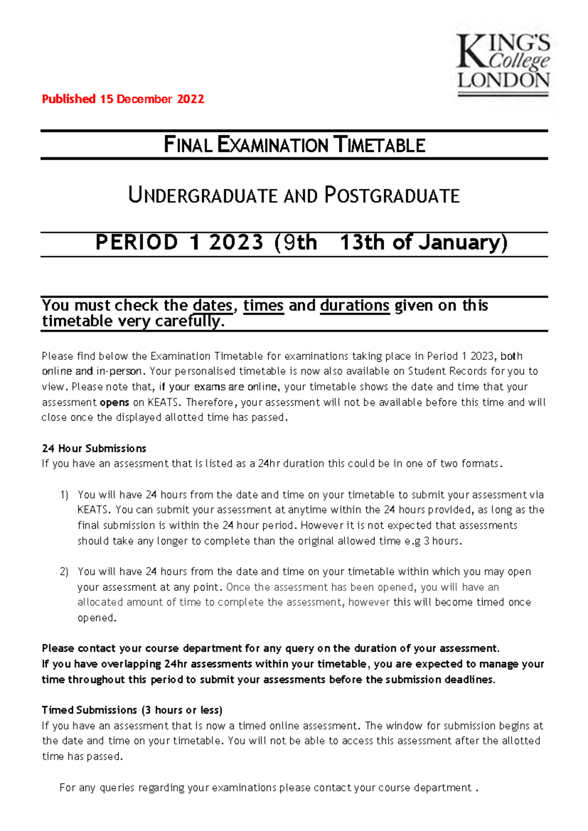 2323 - notes - Published 15 December 2022 FINAL EXAMINATION TIMETABLE ...