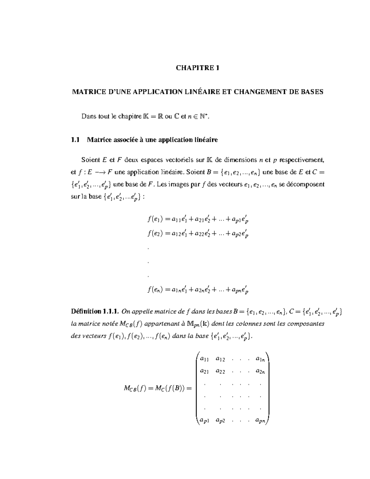 Chapitre 1 : Matrice d'application linéaire et changement de bases ...