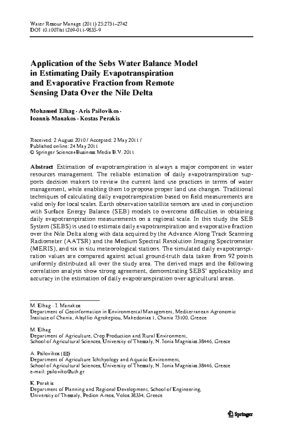 Application of SEBS Model for Daily Evapotranspiration Estimation in ...