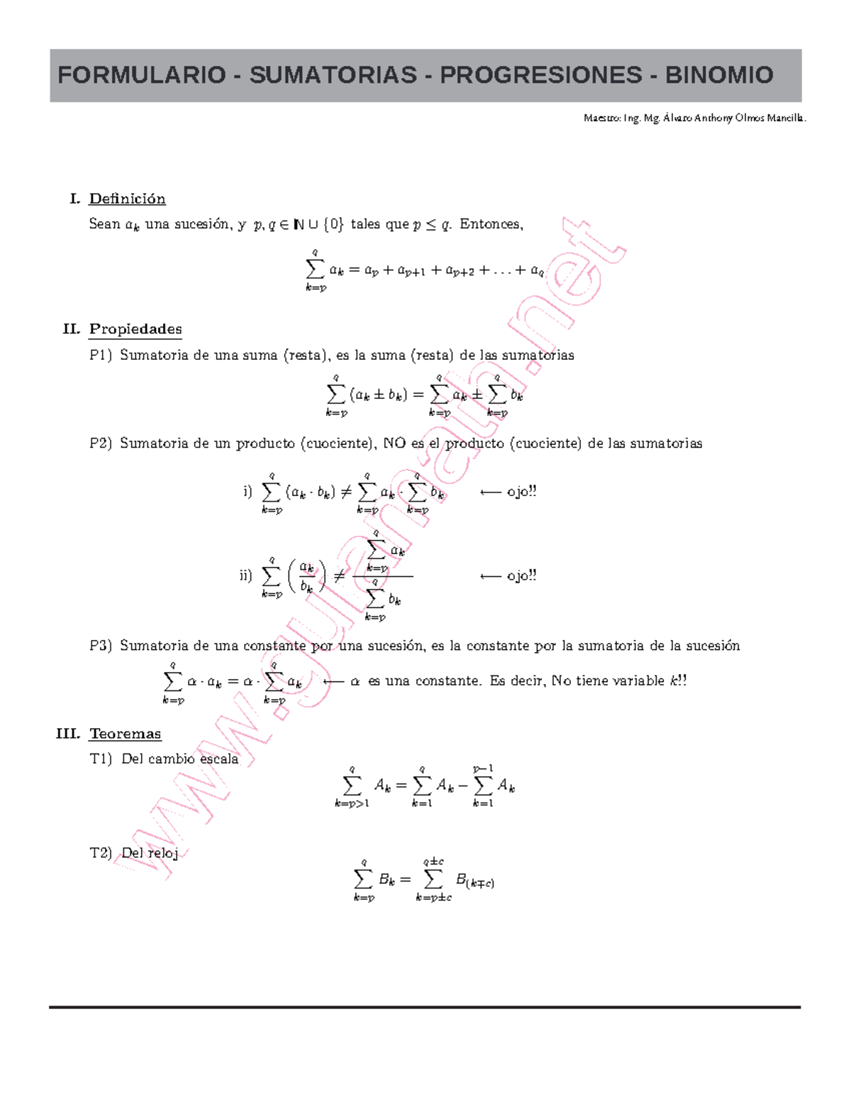 2301 FMMP100 Formulario Sumatorias Progresiones Binomio - guiamath I. De฀nici ́on Sean ak una ...