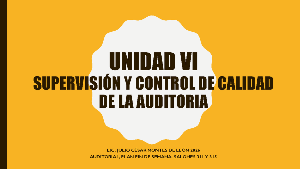 Unidad VI: Supervisión y Control de Calidad en Auditoría I 2026 - Studocu