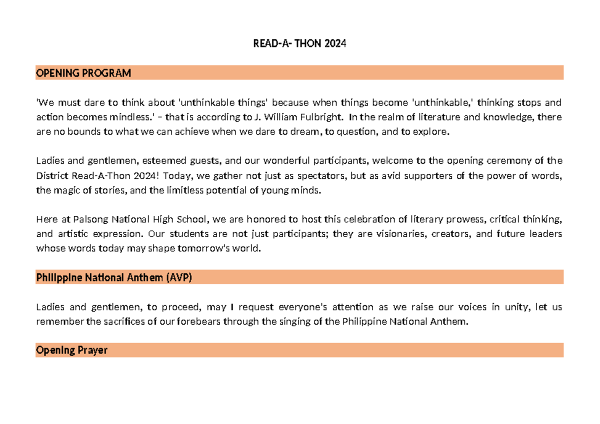District Read-A-Thon 2024 Emcee Script for Opening Ceremony - Studocu