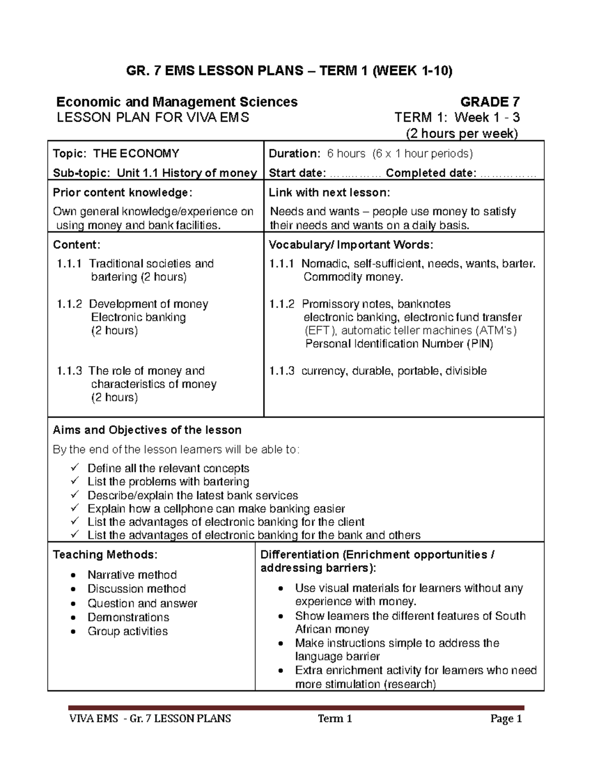 Gr 7 EMS Lesson Plans Term 1: Weeks 1 to 10 Overview - Studocu