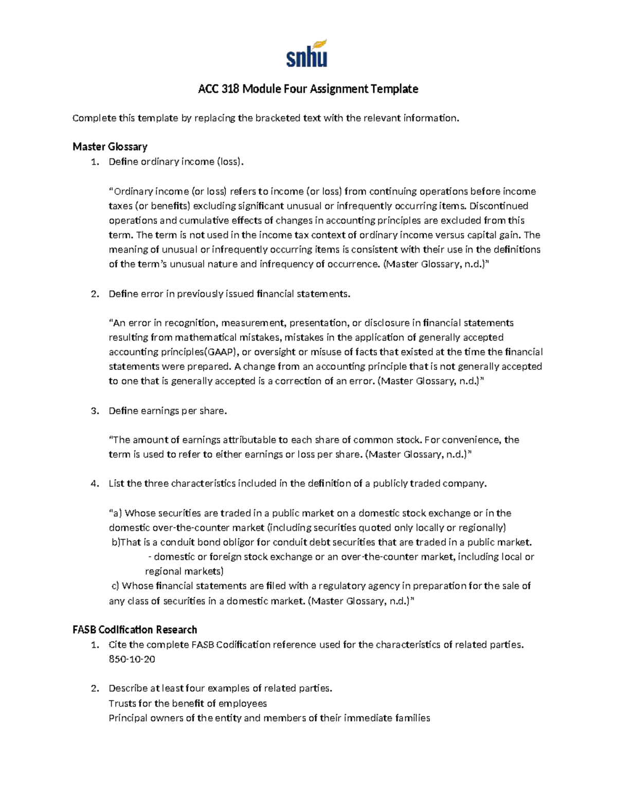 ACC 318 Week Four Assig - ACC 318 Module Four Assignment Template ...