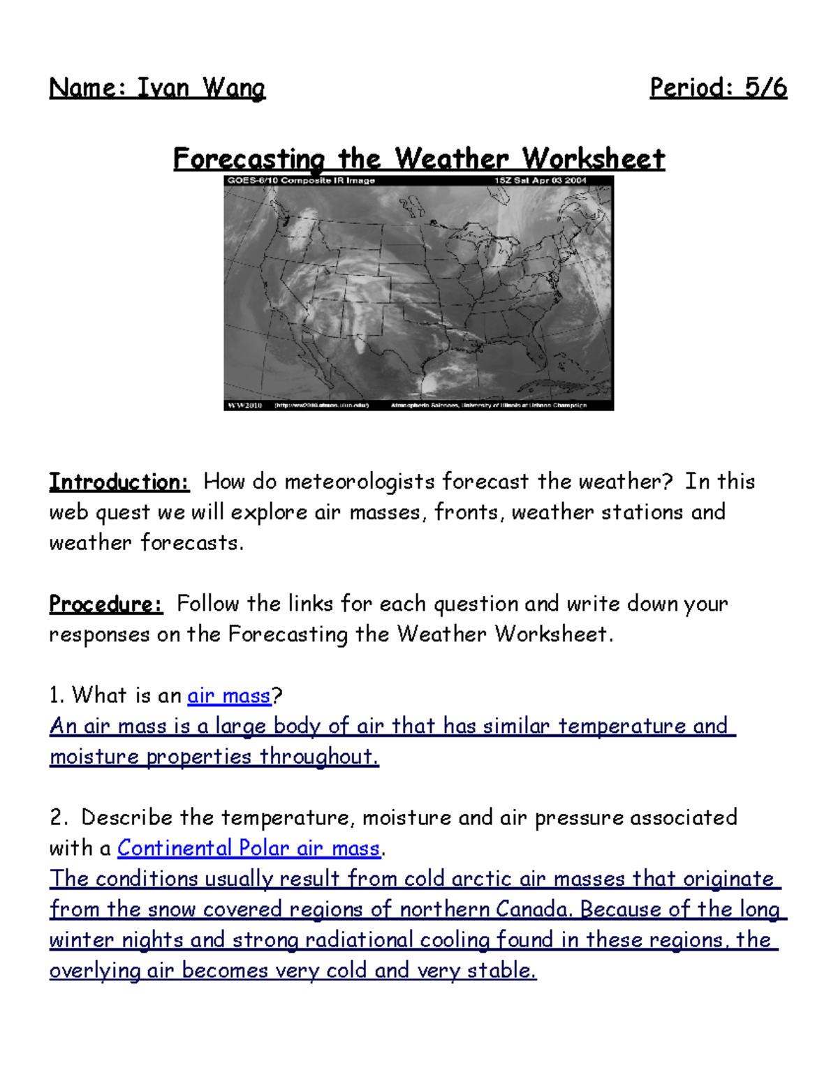 Ivan Wang - Weather Forecasting Worksheet Webquest 2025-1 - Studocu