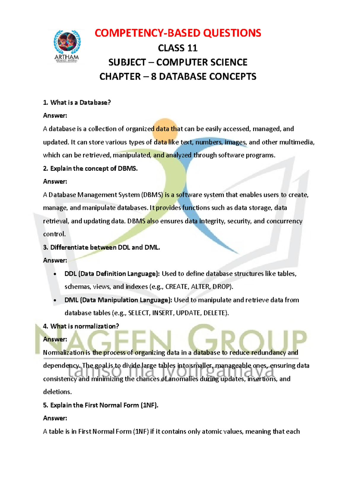 Dbms - Notes - COMPETENCY-BASED QUESTIONS CLASS 11 SUBJECT – COMPUTER ...