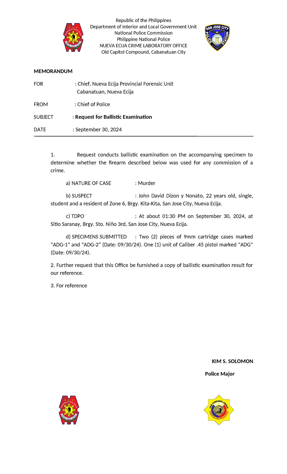 Ballistic Examination Request - Summary for Bs Criminology - Studocu