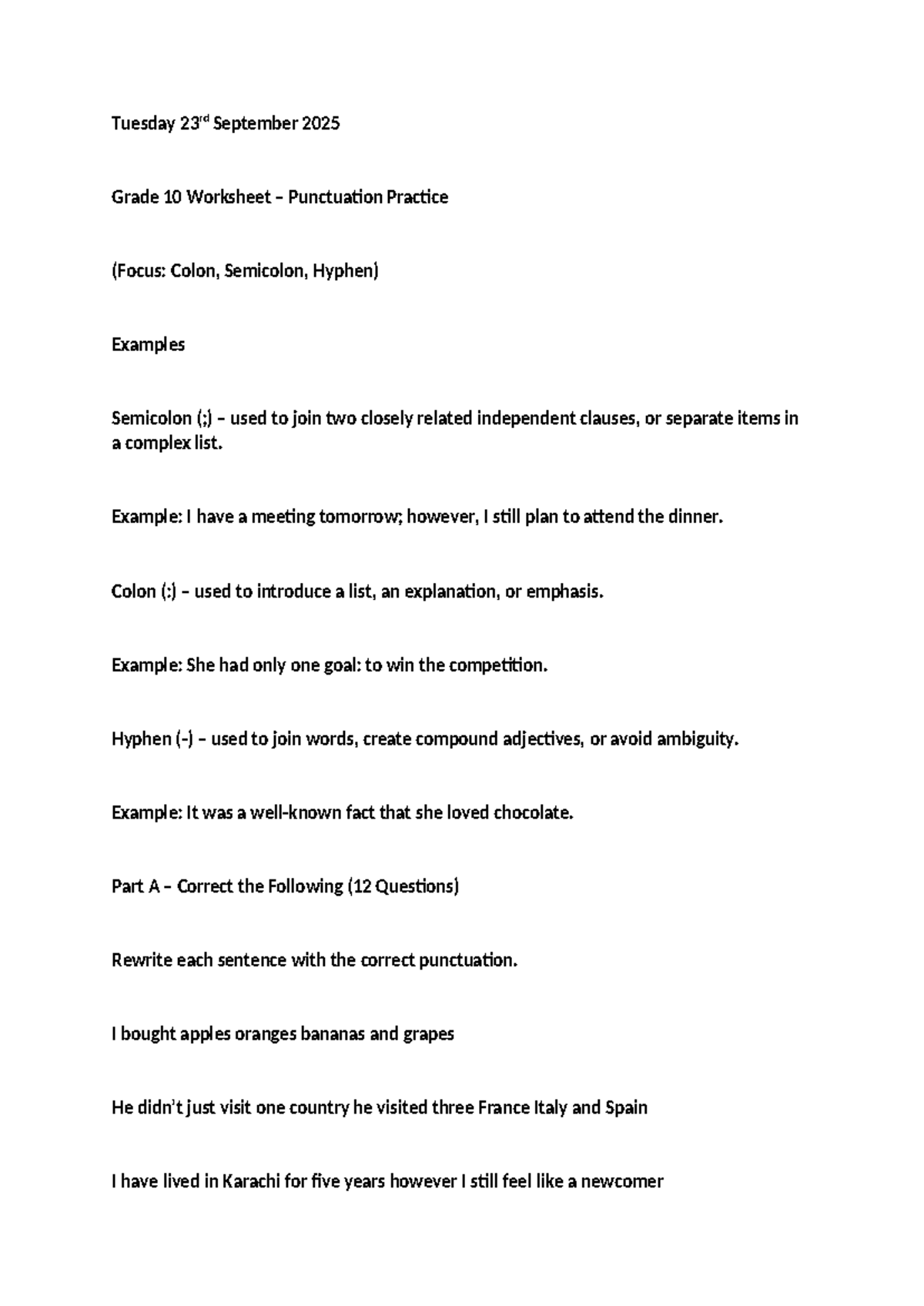 Grade 10 Worksheet: Punctuation Practice (Colon, Semicolon, Hyphen ...
