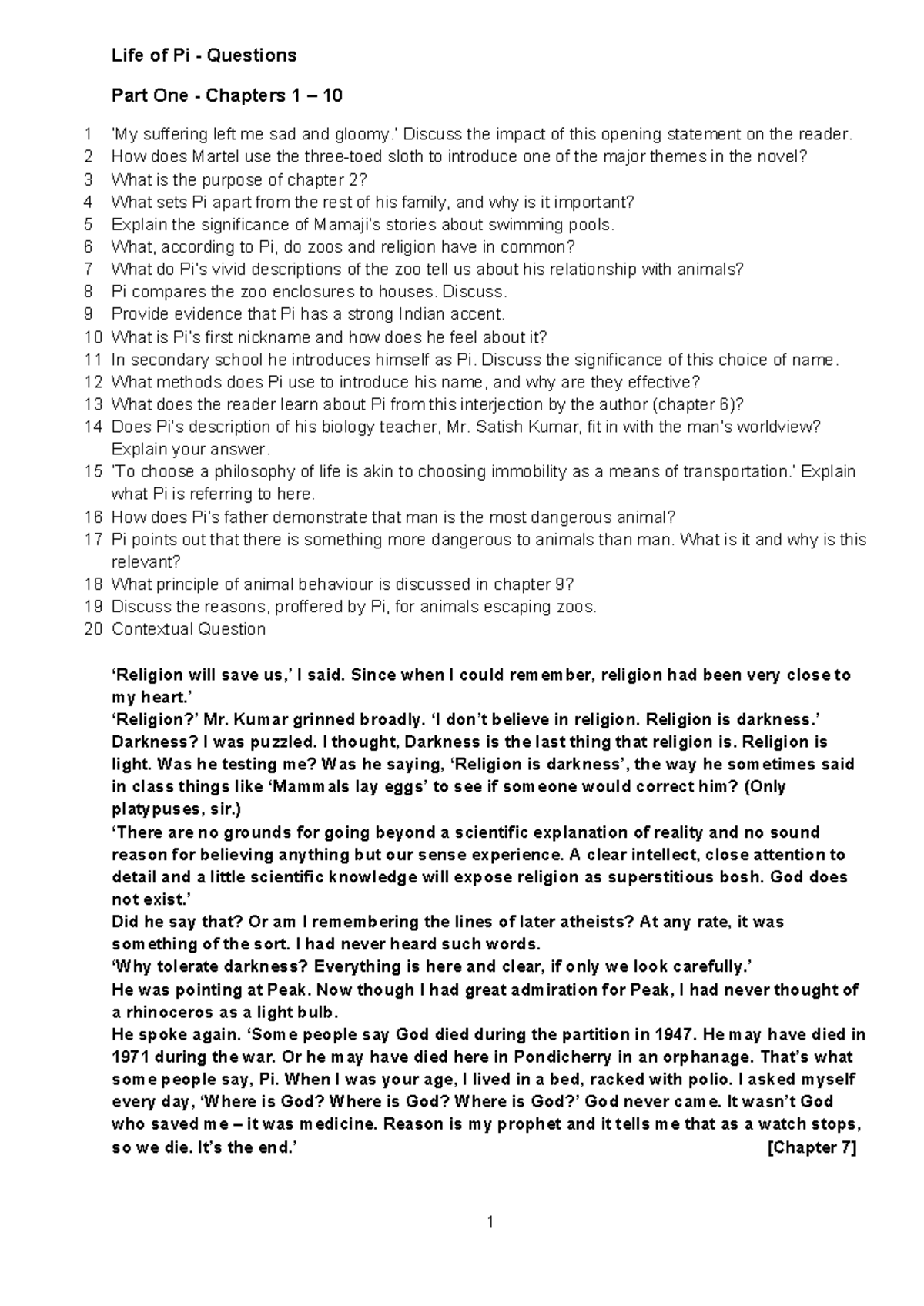 Life of Pi - Chapter Questions & Analysis Notes (Lit 101) - Studocu