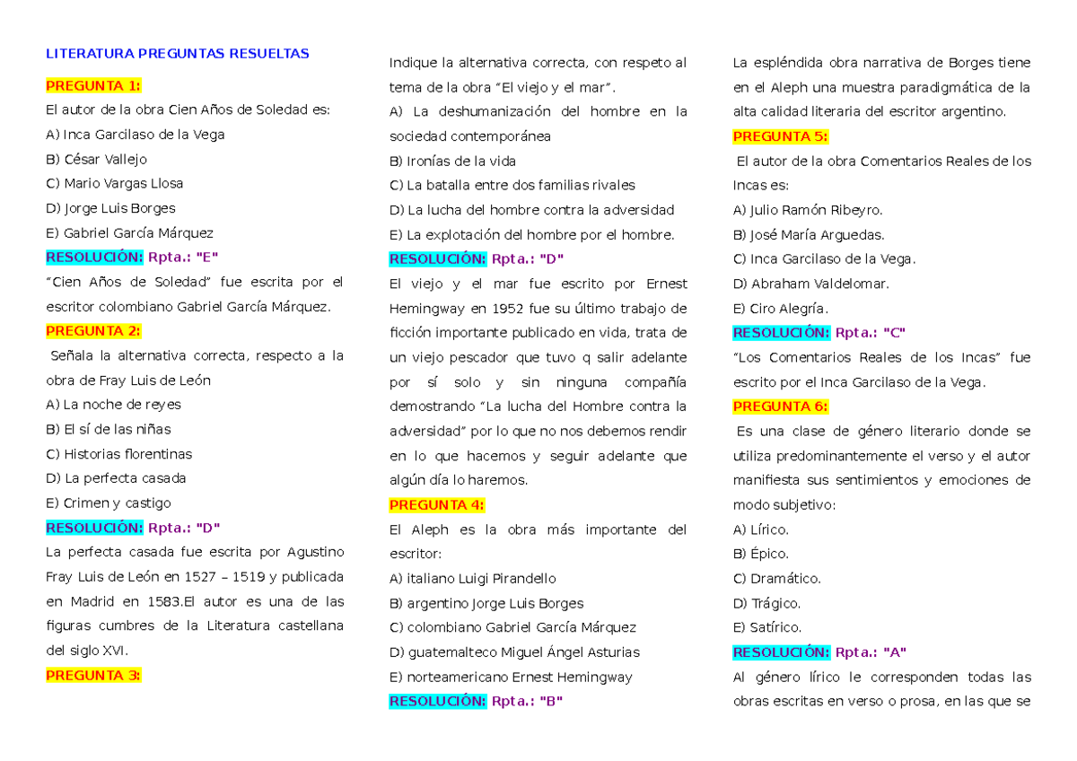 Literatura Preguntas Resueltas - LITERATURA PREGUNTAS RESUELTAS PREGUNTA 1: El autor de la obra ...