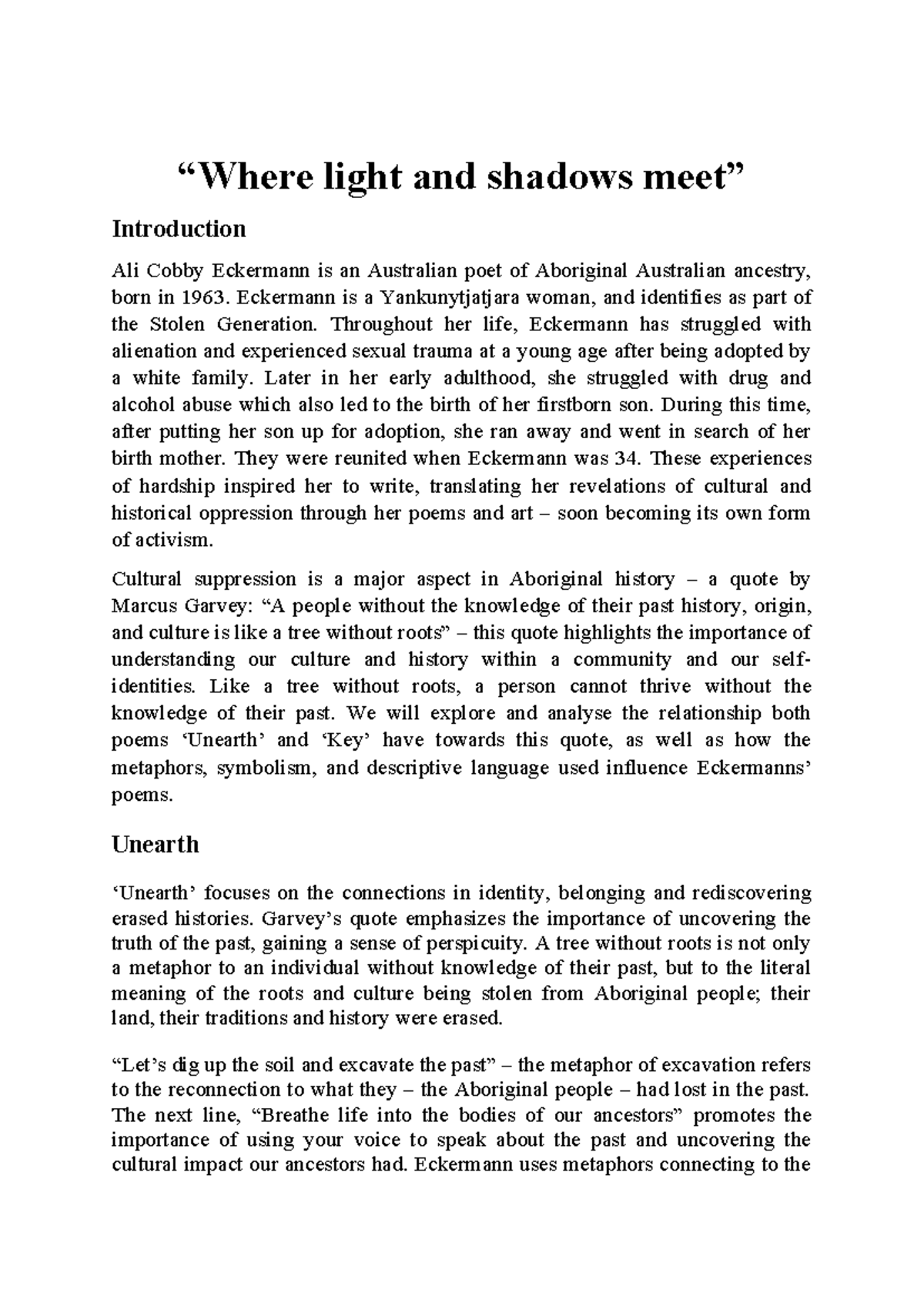 Ali Eckermann: Unearth & Key Comparisons for HSC Analysis - Studocu