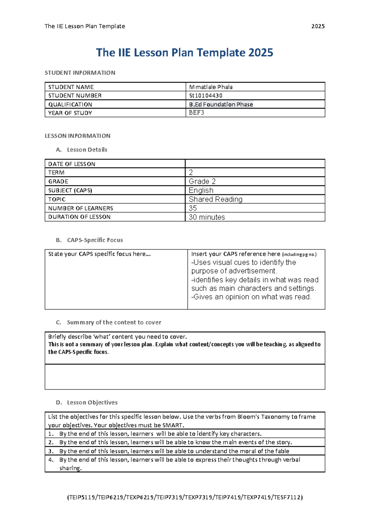 IIE Lesson Plan Template 2025 for Grade 2 English Shared Reading - Studocu