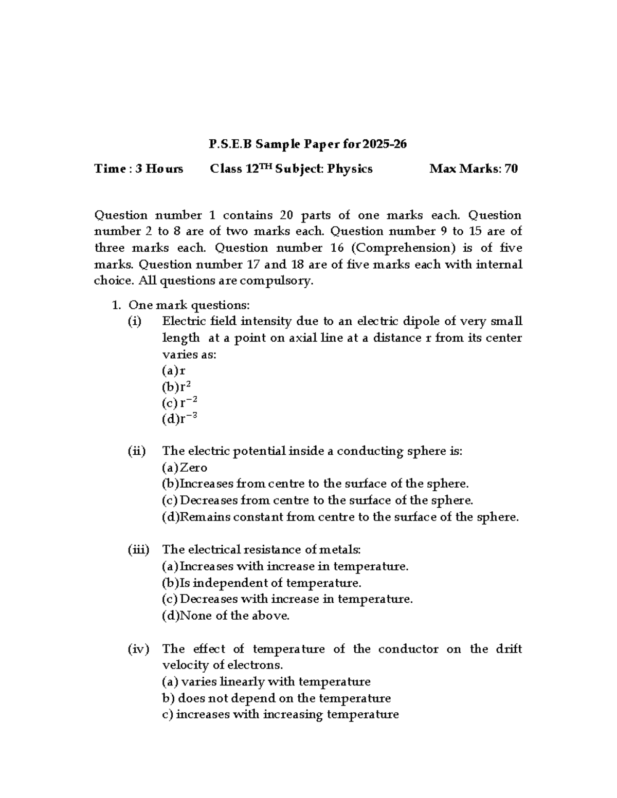 12TH Physics Modal Question Paper 2025-26: Sample Paper - Studocu