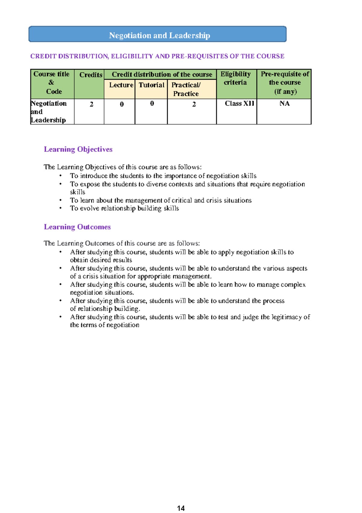 Negotiation and Leadership (Course Code: 2 Credits) - Course Syllabus ...