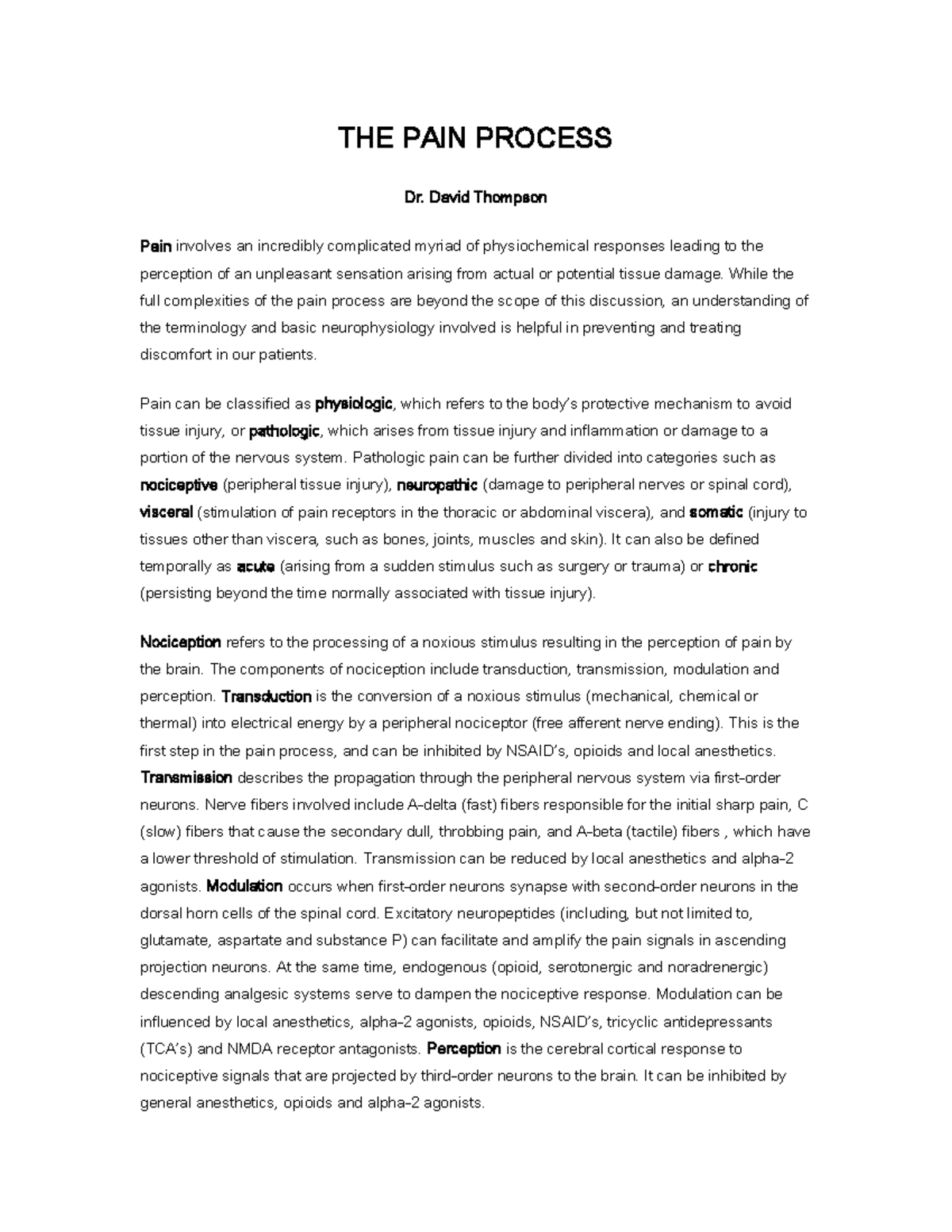 The Pain Process: Understanding Physiochemical Responses and Strategies ...