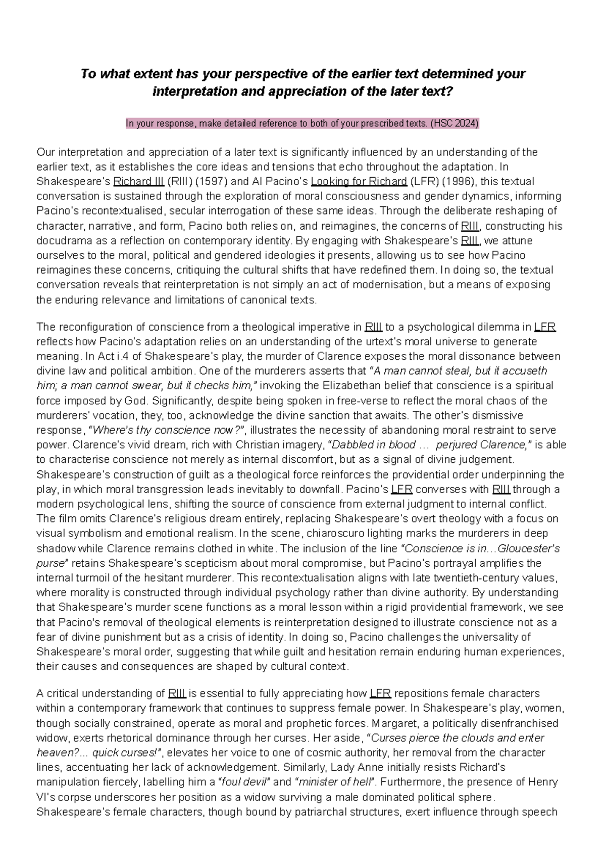 Module A Textual Conversations: Richard & Looking for Richard Essay ...