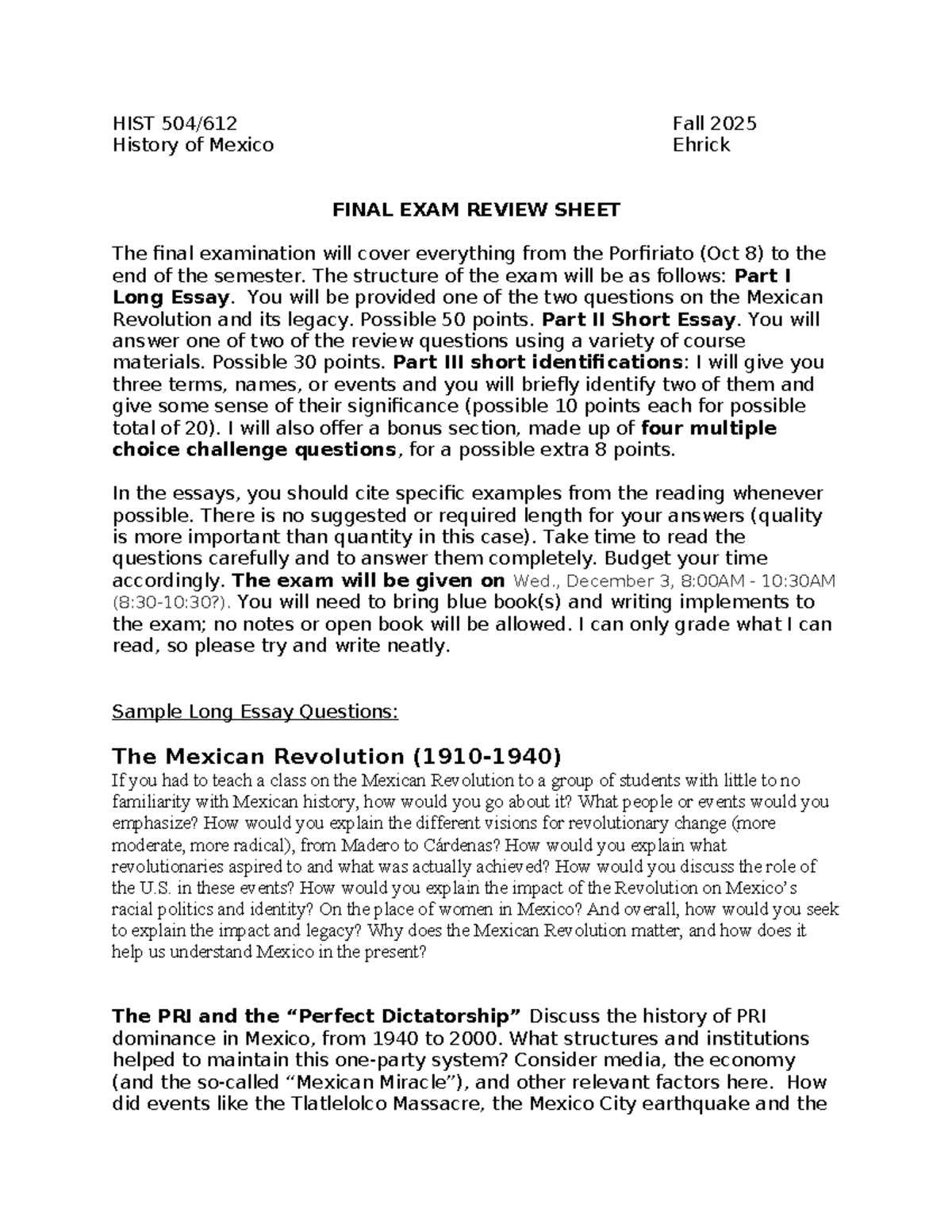 HIST 25 History of Mexico Fall 2025 Final Exam Review Guide - Studocu