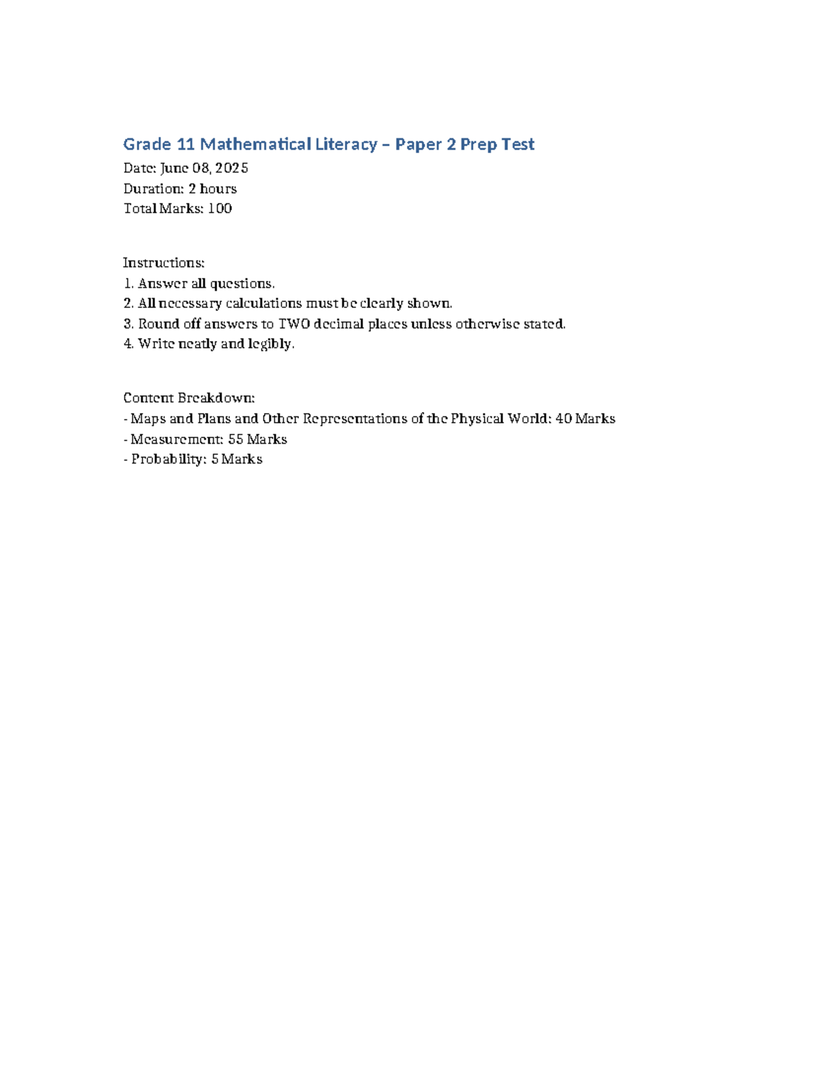 Grade 11 Math Lit Paper 2 Prep Test - June 2025 - Studocu