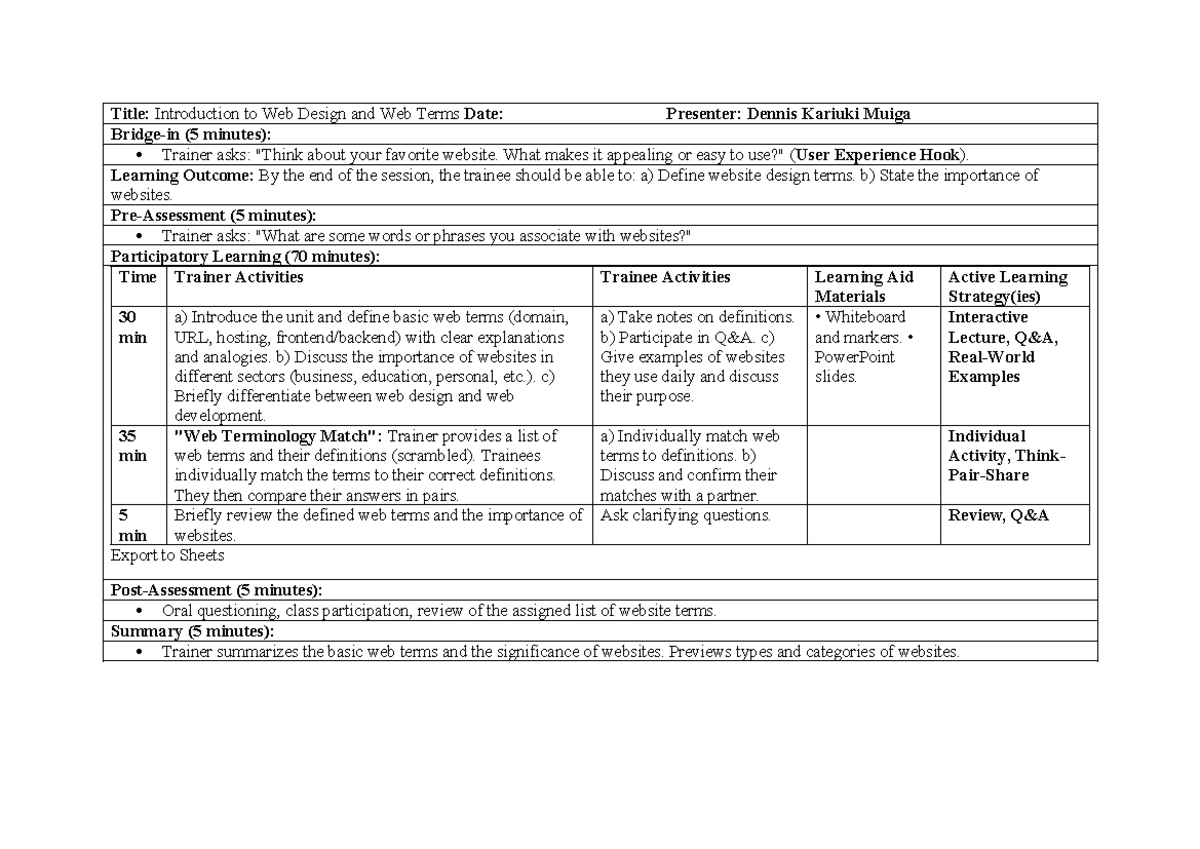 **Title: Website Design Session Plan (WD 101)** - Studocu