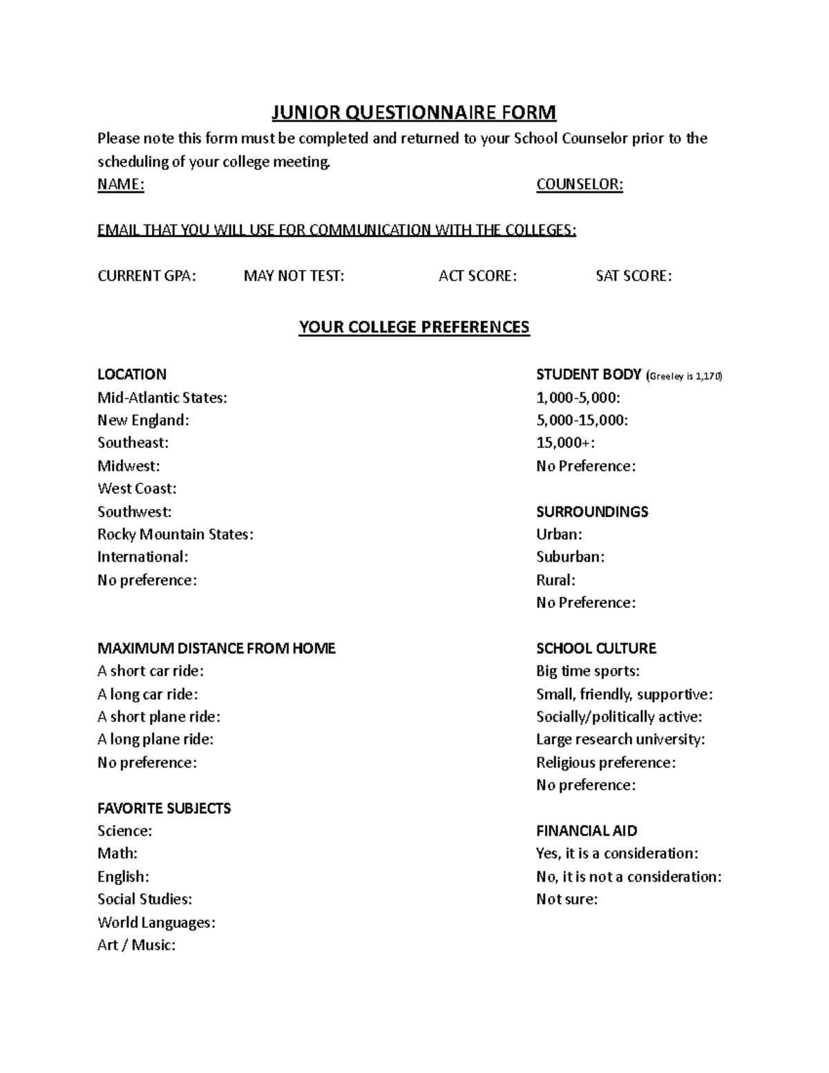 2023-2024 Junior Questionnaire Form - JUNIOR QUESTIONNAIRE FORM Please ...