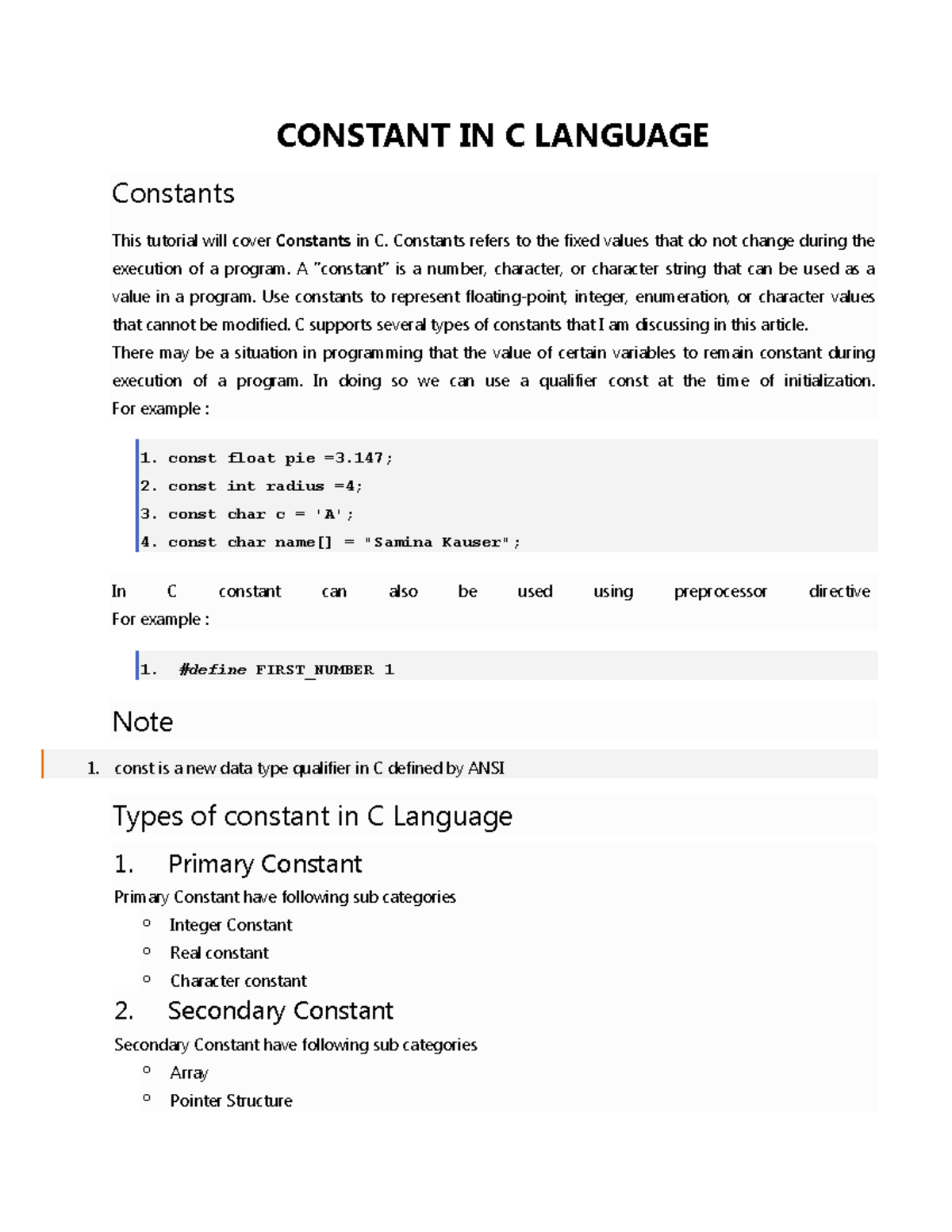 Constant in C language - CONSTANT IN C LANGUAGE Constants This tutorial ...