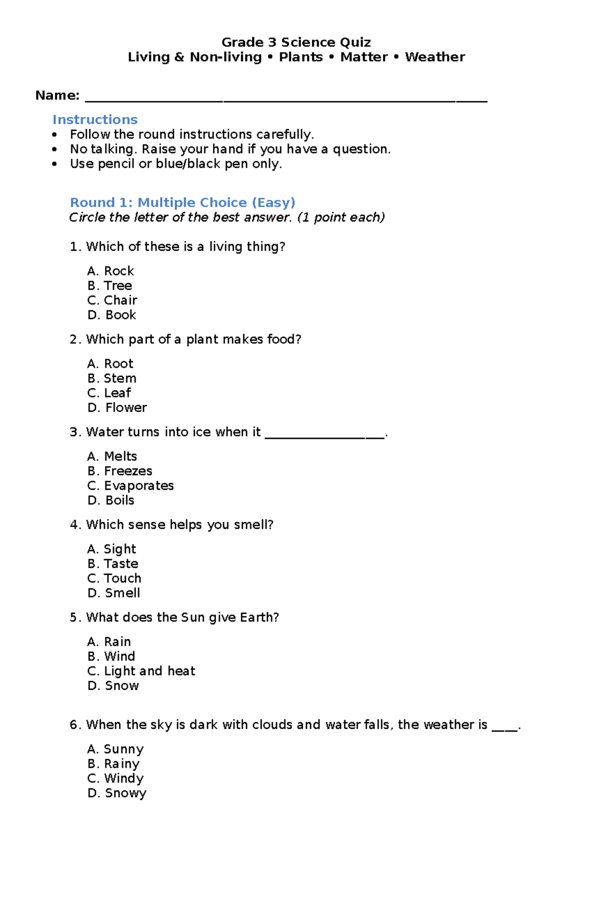 Grade 3 Science Quiz: Living Things, Plants, and Weather - Studocu
