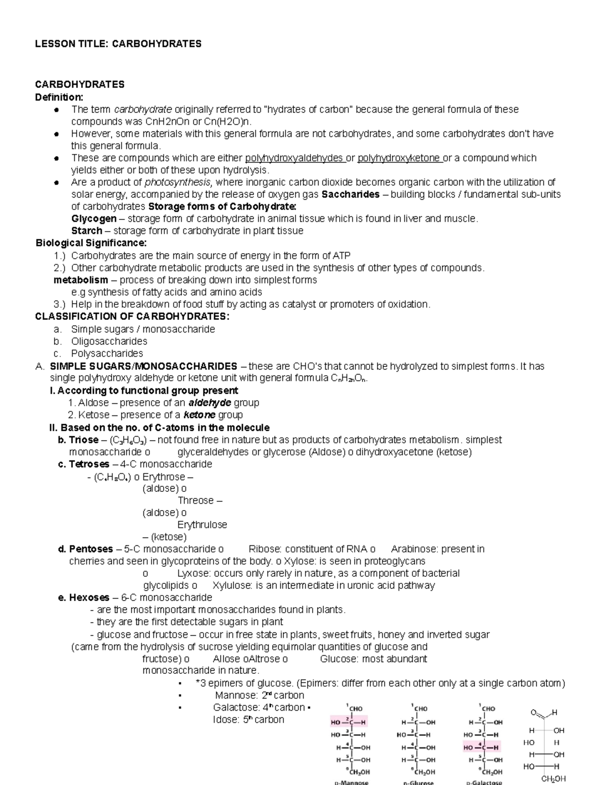 14 - Module - LESSON TITLE: CARBOHYDRATES CARBOHYDRATES Definition: The ...