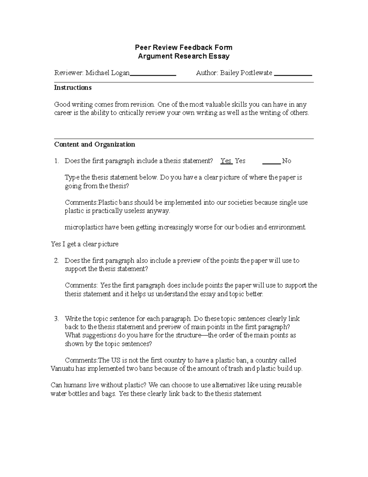 Peer Review Feedback Form for Argument Research Essay (ENG 101) - Studocu