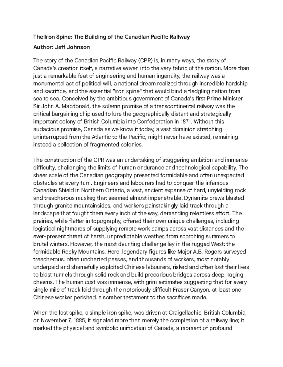 The Iron Spine: Essay on the Canadian Pacific Railway's Impact - Studocu