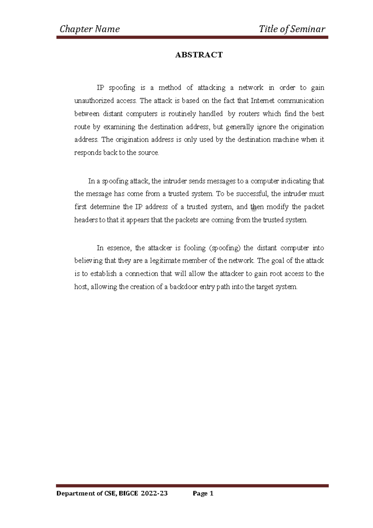 Seminar Report format - ABSTRACT IP spoofing is a method of attacking a ...