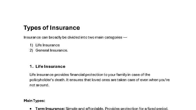 Types of Insurance: Life & General Overview (Course Code: OKHI) - Studocu