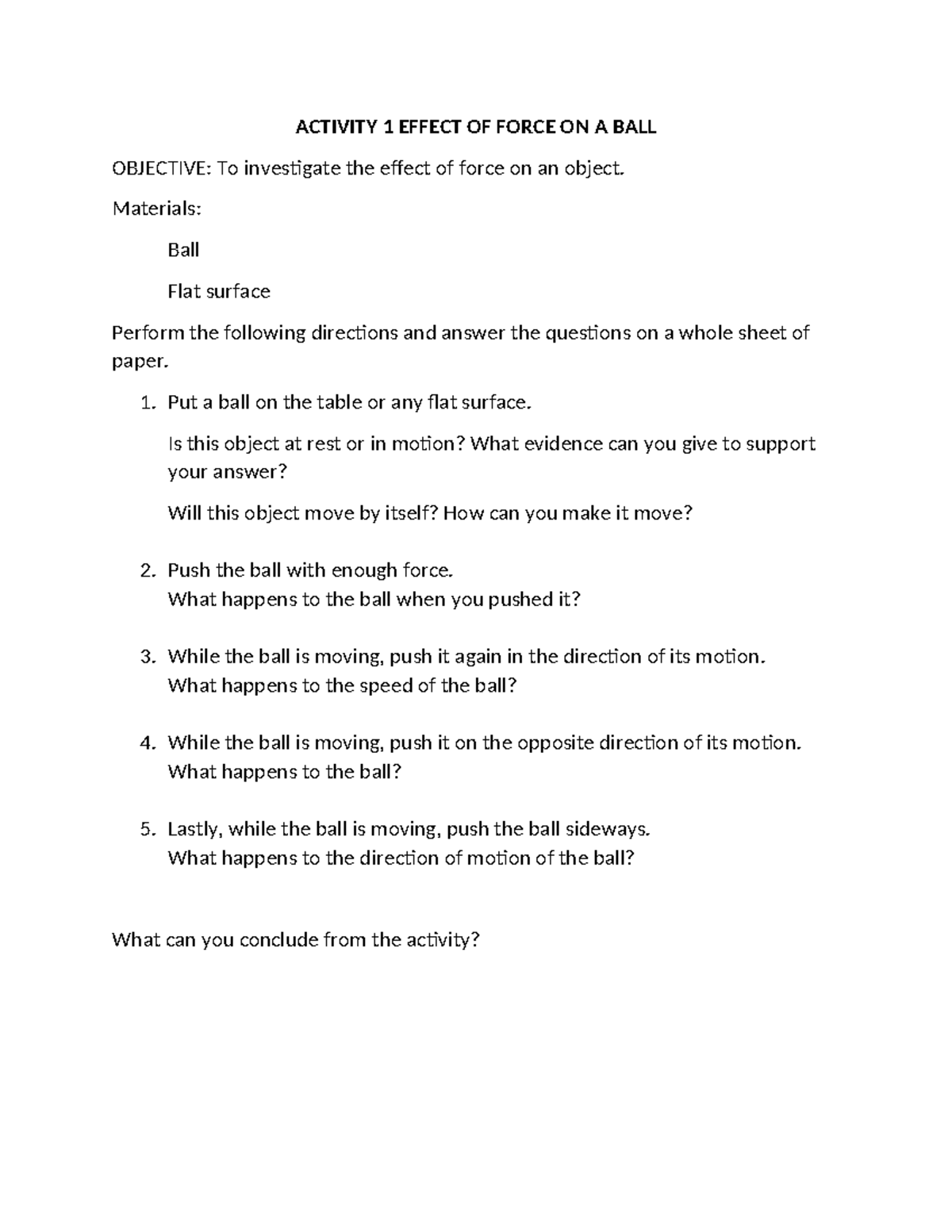 ACTIVITY 1: Investigating Force Effects on a Ball - Studocu