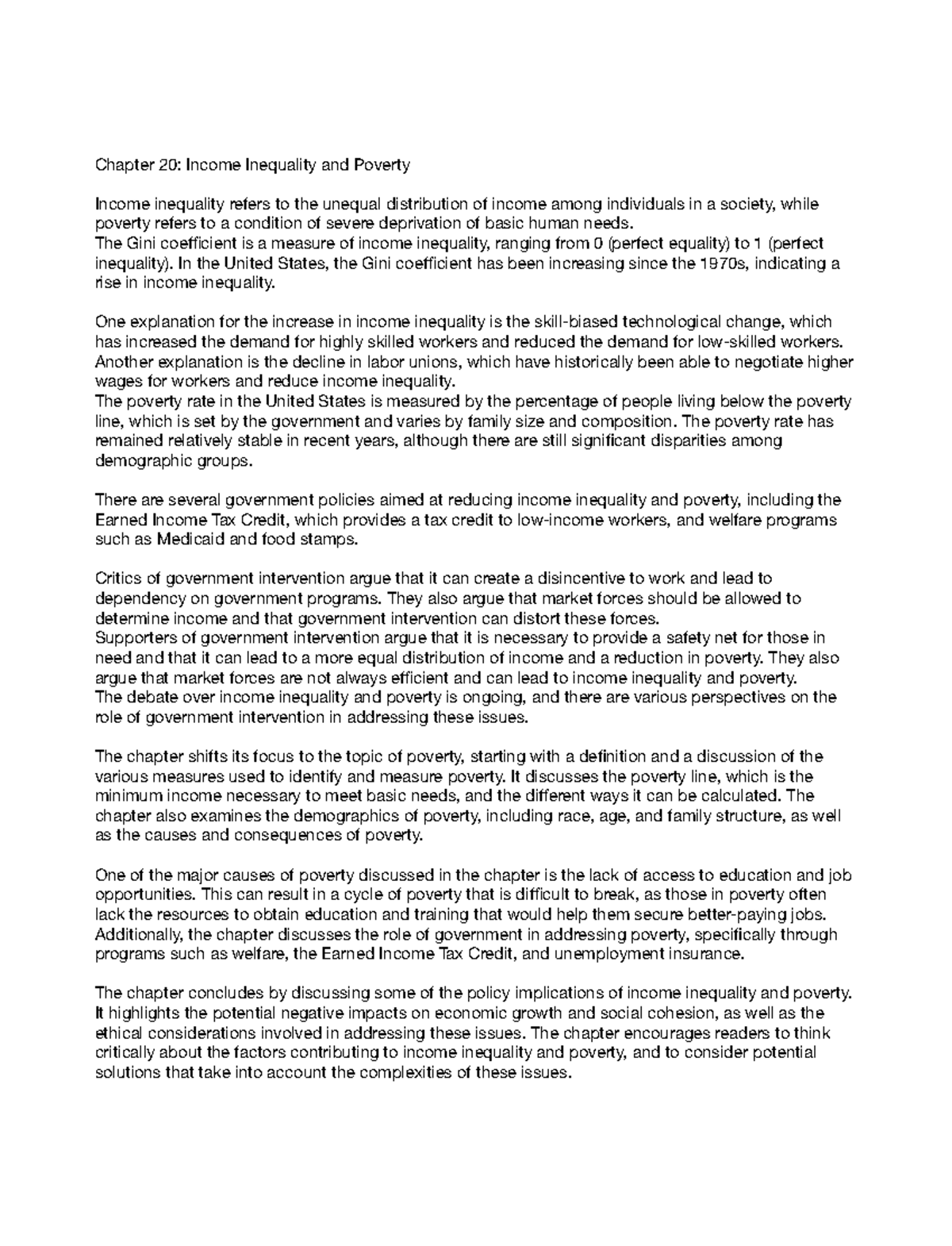 Economics Chapter 20: Income Inequality and Poverty Overview - Studocu