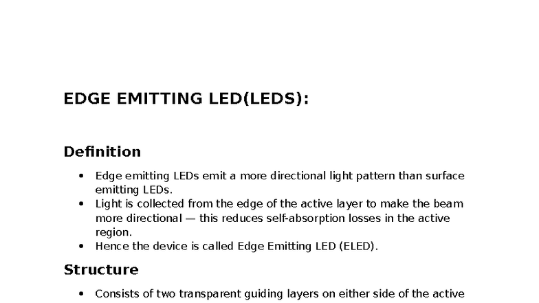 Edge Emitting LEDs (ELEDs): Structure and Emission Patterns Notes - Studocu