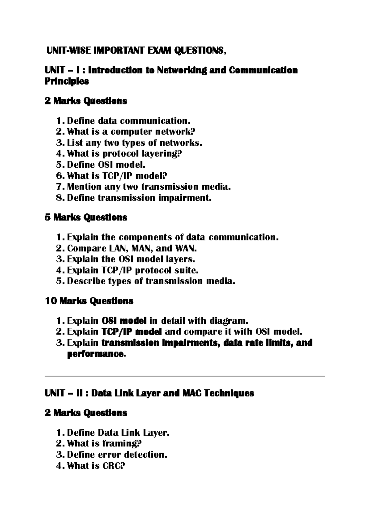 CN - Important Exam Questions: Networking & Communication Principles ...