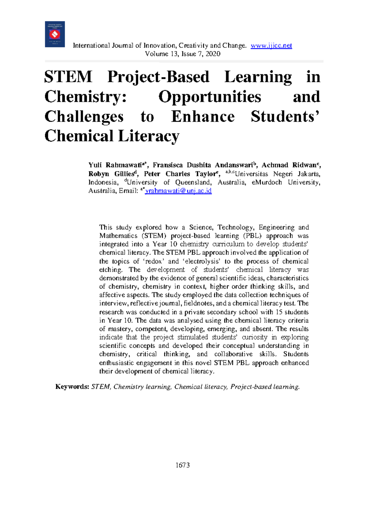 STEM PBL in Year 10 Chemistry: Enhancing Chemical Literacy - Studocu
