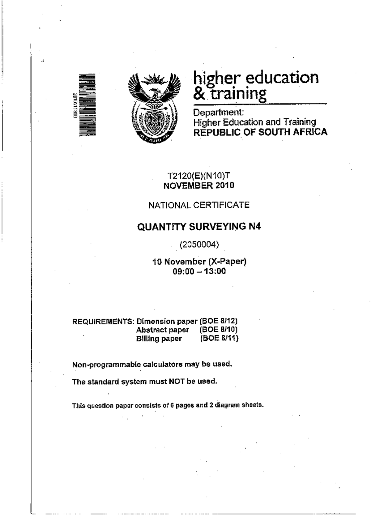 Quantity Surveying N4 November 2010 Exam Paper with Questions ...