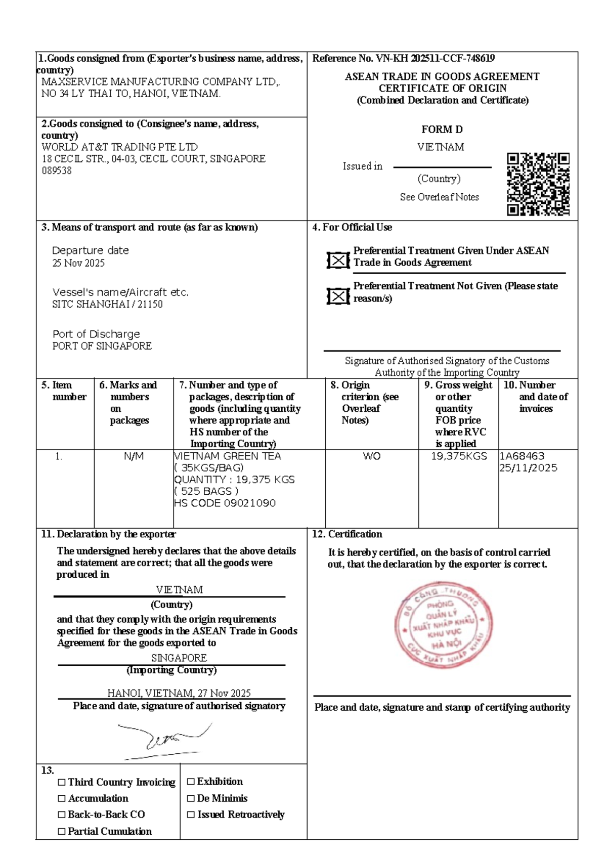 CO Form D: ASEAN Trade in Goods Agreement Certificate of Origin - Studocu
