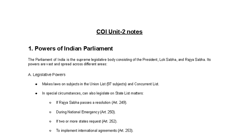 COI Unit-2 Notes: Powers and Functions of Indian Parliament - Studocu