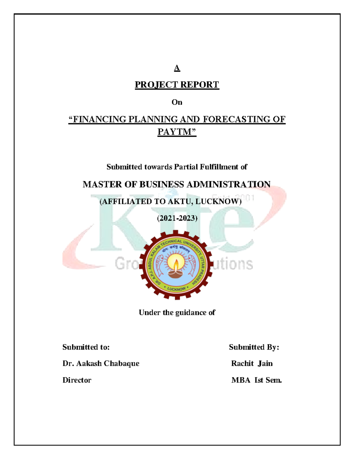 580135034 MBA 1st Sem Mini Project on Financing Planning of Paytm - Studocu