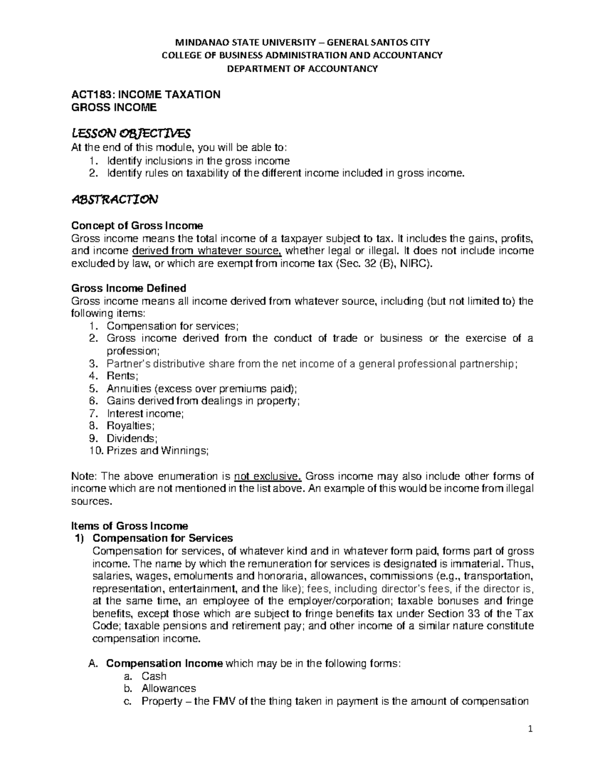 ACT183: Income Taxation - Understanding Gross Income Concepts - Studocu