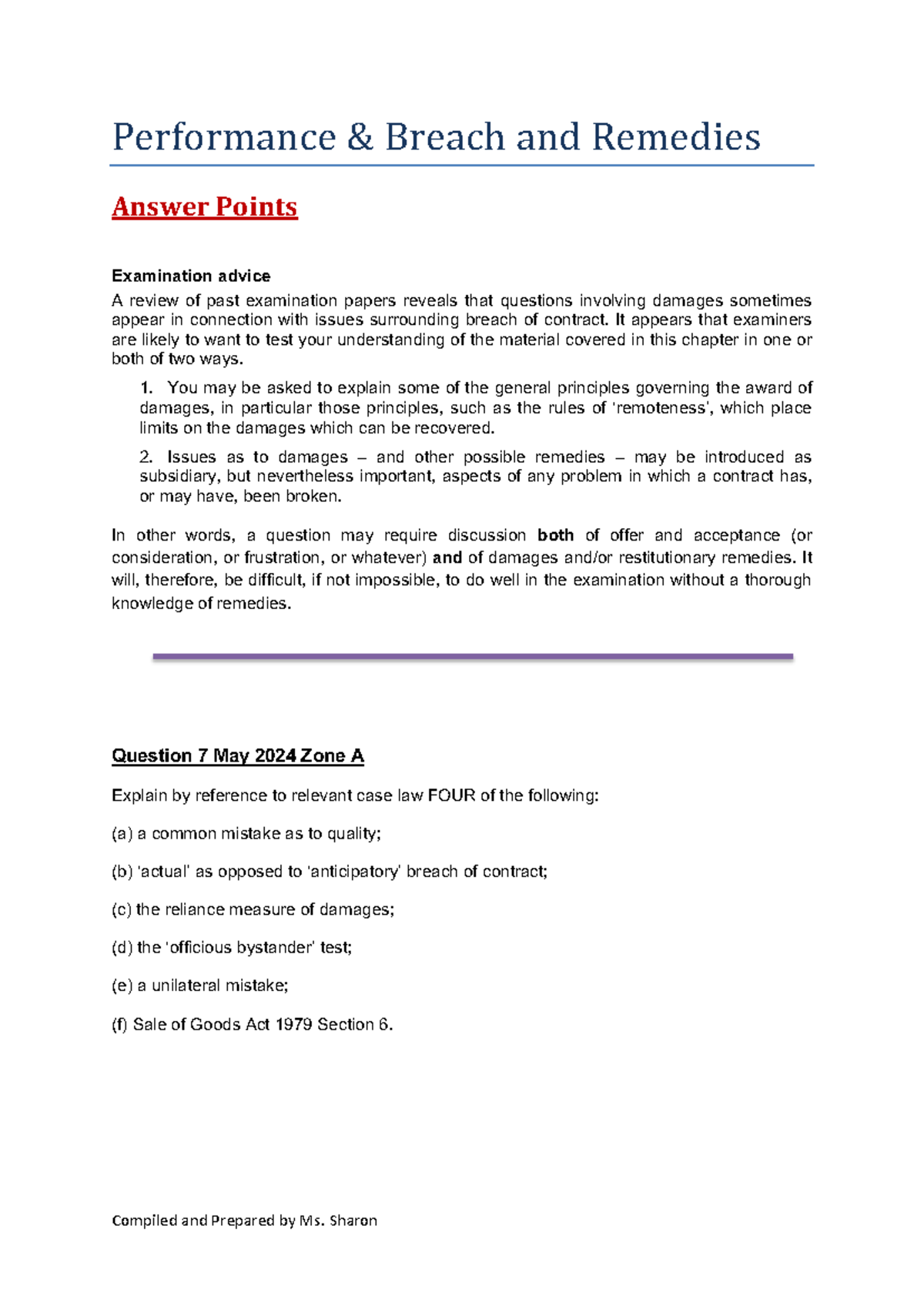 Breach of Contract & Remedies - Revision Notes (LAW123) - Studocu