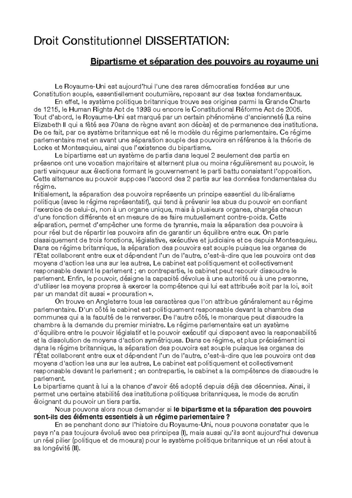 DISSERTATION Droit Constitutionnel: Bipartisme et Pouvoirs au UK - Studocu