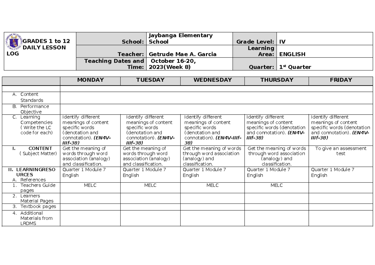763025401 Daily Lesson Log: English 4 Quarter 1 Week 8 - Studocu