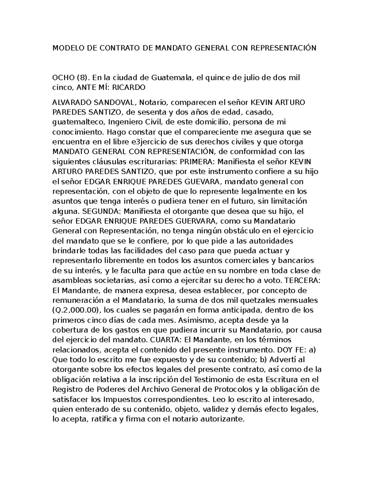Modelo de Contrato de Mandato General y Especial Judicial en Guatemala ...