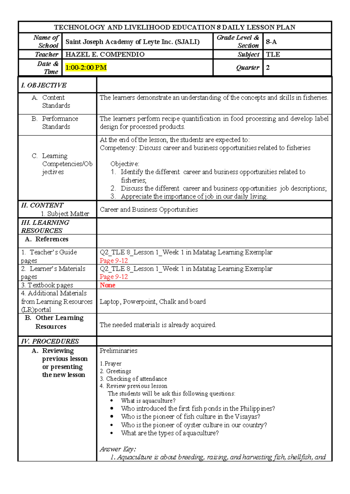 TLE 8 Daily Lesson Plan: Career & Business Opportunities in Fisheries ...
