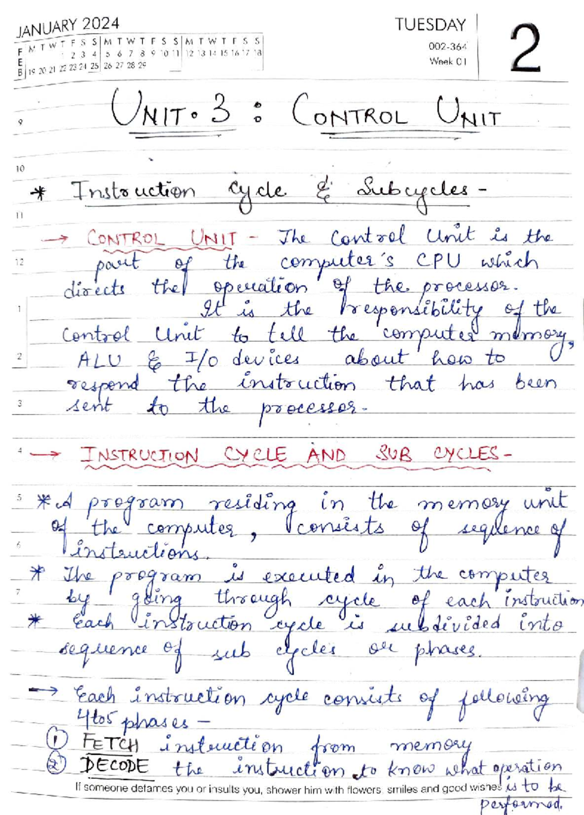 COA 1234 Unit 3 Notes: Control Unit & Instruction Cycle Overview - Studocu