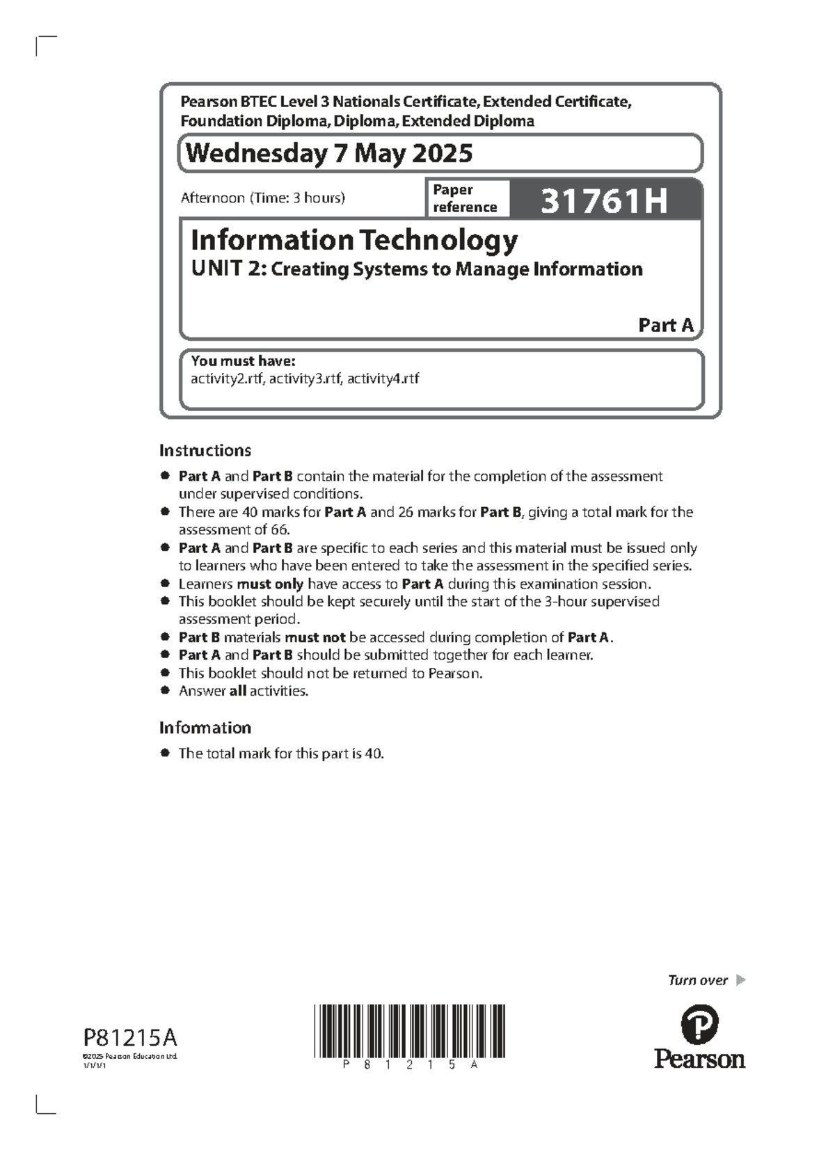 BTEC IT Level 3 Unit 2 31761H: Creating Systems to Manage Info Exam Guide - Studocu